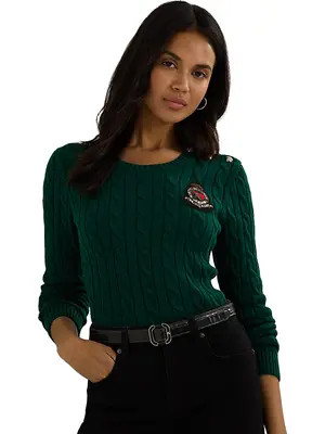 Ralph Lauren Button-Trim Cable-Knit Cotton Sweater Deep Emerald