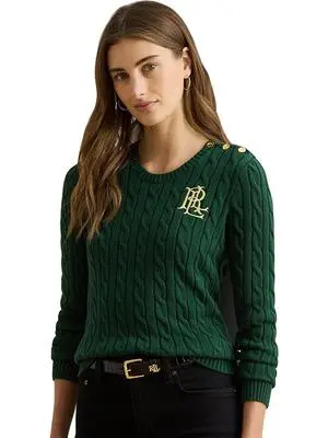 Ralph Lauren Button-Trim Cable-Knit Cotton Sweater Deep Pine