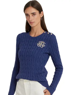 Ralph Lauren Button-Trim Cable-Knit Cotton Sweater Indigo Sail