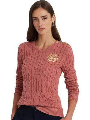 Ralph Lauren Button-Trim Cable-Knit Cotton Sweater Pink Mahogany