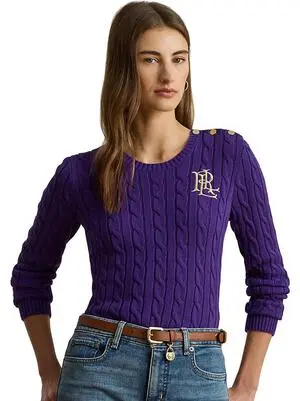 Ralph Lauren Button-Trim Cable-Knit Cotton Sweater Violet Gem