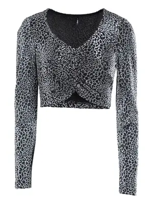 Only Metallic Leopard Print Crop Top - Black