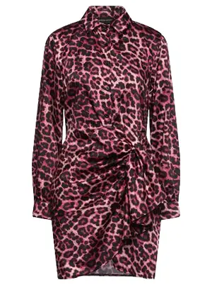VANESSA SCOTT Mini Leopard-Print Satin Shirt Dress Magenta