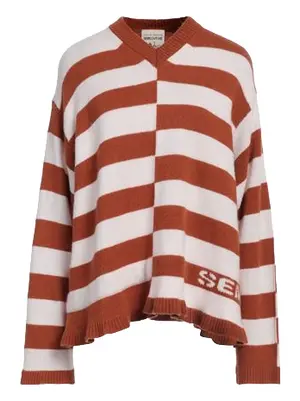 SEMICOUTURE Striped V-Neck Knit Sweater Brown