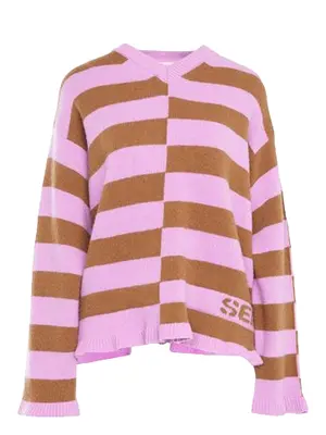 SEMICOUTURE Striped V-Neck Knit Sweater Purple