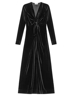 GANNI Ruched Velvet Maxi Dress - Black