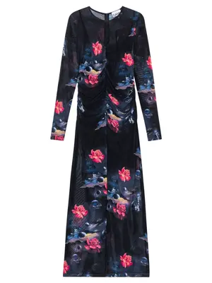 GANNI Floral-print Ruched Maxi Dress - Black