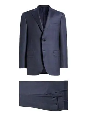 Canali Siena Regular Fit Denim Effect Wool Suit - Navy
