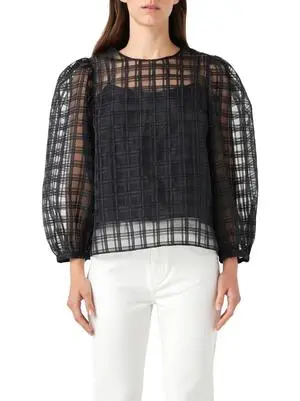 English Factory Plaid Organza Long-sleeve Top - Black