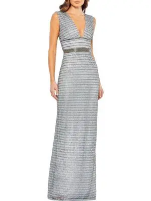 Mac Duggal Beaded V-neck Column Gown Silver