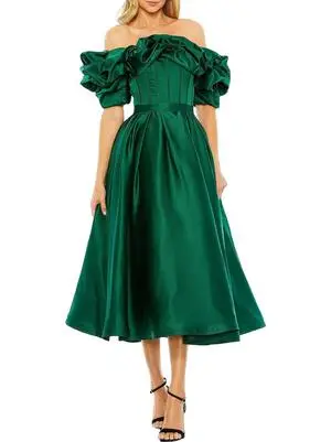 Mac Duggal Satin Off-the-shoulder Midi-dress - Emerald