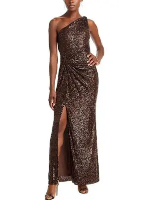 Eliza J Sequined One-shoulder Gown - Chocolate