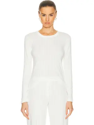 LESET Pointelle Slim Fit Long Sleeve Top - White