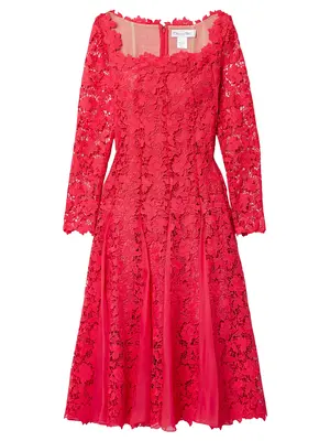 Oscar De La Renta Silk-chiffon Trimmed Guipure Lace Midi Dress - Red