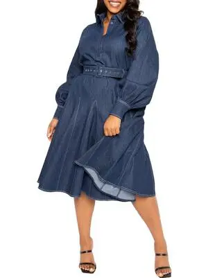 BUXOM COUTURE Belted Denim Shirtdress - Denim Blue