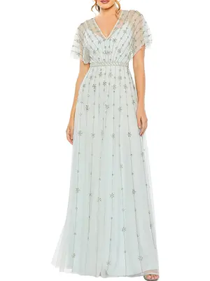 Mac Duggal Crystal-embellished Flutter-sleeve A-line Gown Mist