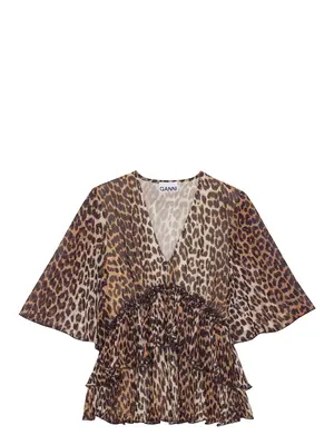 GANNI Leopard-print V-neck Blouse - Brown