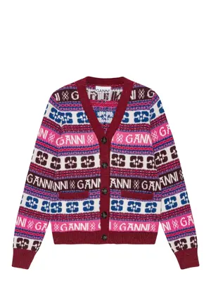 GANNI Intarsia-logo V-neck Cardigan - Red