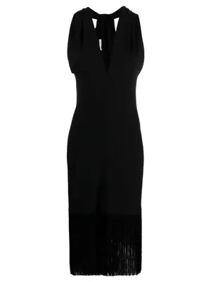 FERRAGAMO V-neck Fringed Midi Dress - Black