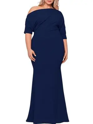 Betsy & Adam One-shoulder Scuba Crepe Gown - Navy