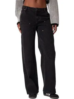 EDIKTED Ayla Low Rise Wide Leg Carpenter Jeans - Black-washed