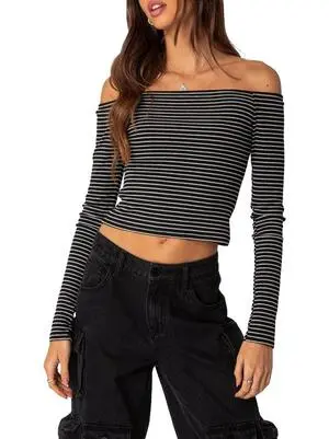 EDIKTED Striped Ribbed Crop Top - Black