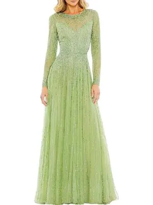 Mac Duggal Sequined Long-sleeve Illusion Gown - Sage
