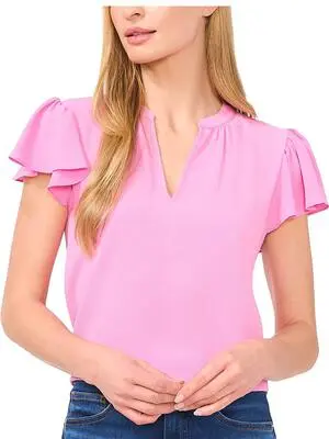 CECE DUPRAZ Split Neck Flutter Sleeve Top - Bright Peony