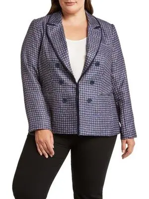 TAHARI ASL Houndstooth Faux Double Breasted Blazer - Navy/ Pink/ Violet