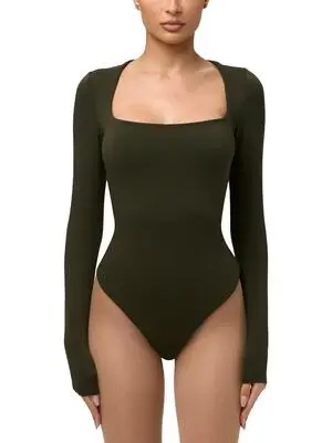 Naked Wardrobe Naked Wardrobe Squared Away Long Sleeve Thong Bodysuit Olive