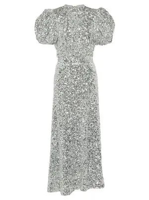 ROTATE BY BIRGER CHRISTENSEN Puff-sleeve Sequined Midi Dress - Silver