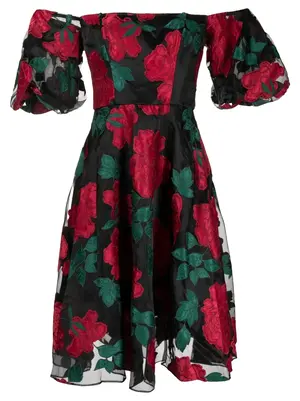 Marchesa Claude Floral-appliqué Midi Dress - Black