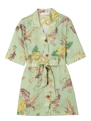 Zimmermann Matchmaker Belted Floral-print Linen Shirt - Green