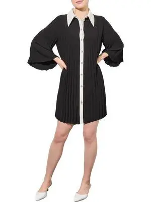 Ming Wang Ming Wang Pleated Mini Shirtdress Black/ White