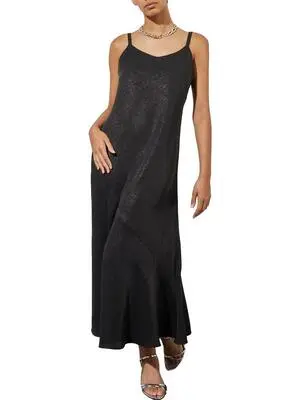 Ming Wang Shimmer Woven Midi Dress - Black/ Silver