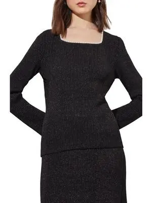 Ming Wang Imitation Pearl Collar Shimmer Rib Sweater - Black/silver