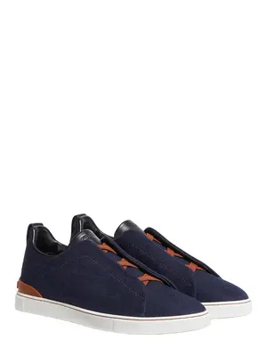 Zegna Cotton Denim Triple Stitch Sneakers Navy Blue