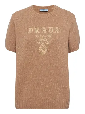 Prada Logo-intarsia Cashmere T-shirt - Neutrals
