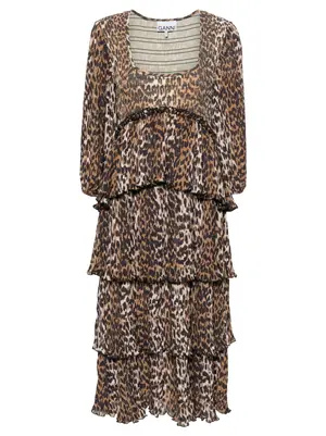 GANNI Leopard-print Tiered Midi Dress - Brown