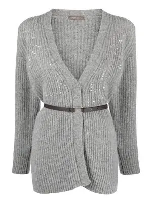 Peserico Sequin-embellished Belted Cardigan - Grey