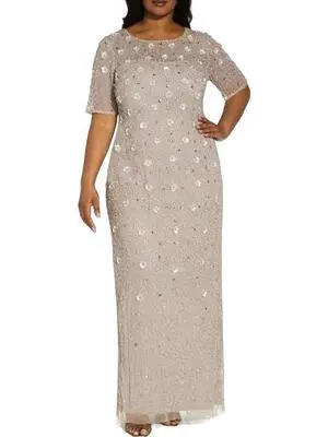 Adrianna Papell 3d Floral Beaded Evening Gown - Marble