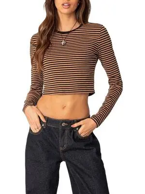 EDIKTED Montie Stripe Long Sleeve Stretch Cotton Crop Top - Brown