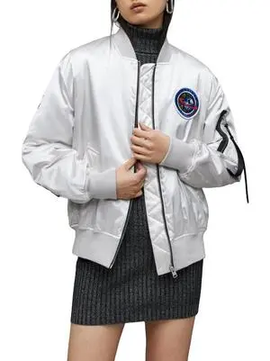 ALLSAINTS Echo Logo Patch Satin Bomber Jacket - Silver