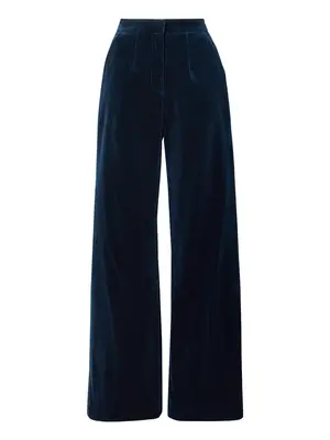 Costarellos Grosgrain-trimmed Straight-leg Velvet Pants - Blue