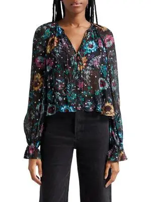 ULLA JOHNSON Ulla Johnson Bernadette Metallic Tie Neck Silk Blend Top