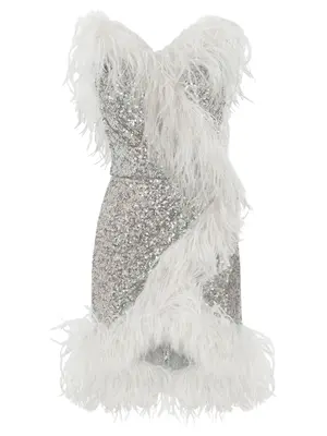 Dolce & Gabbana Sequined Wrap Dress With Feather Trims - Silver