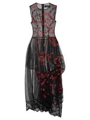 Simone Rocha Floral Embroidered Tulle Midi Dress - Black