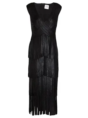 Herve Leger Fringed Bandage Midi Dress - Black