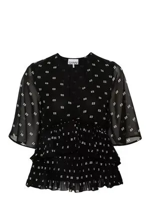 GANNI Graphic-print V-neck Blouse - Black