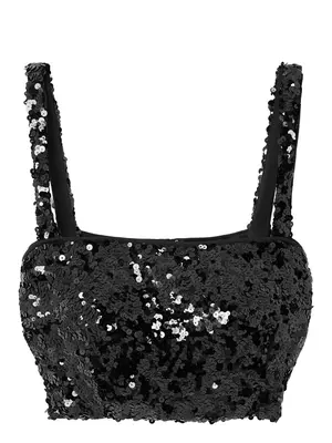 Dolce & Gabbana Cropped Sequined Stretch-tulle Bustier Top - Black